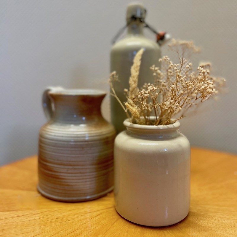 pot à moutarde en grès céramique ancien émaillé vernissé gris vintage