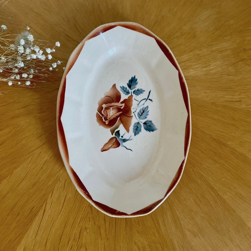 ravier plat en faïence vintage blanc motifs de fleurs années 1930